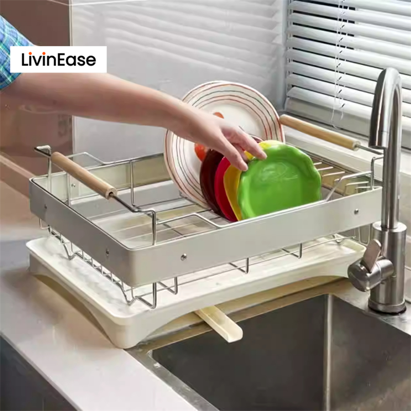 LivinEase Dish Rack with Stainless Steel Solid Wood Handle And Leak ...