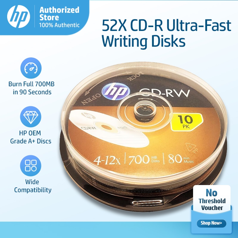HP CD-RW 10-Pack Rewritable Discs | 700MB 80min | 4-12X Speed | Silver Surface | 1YR Warranty ...