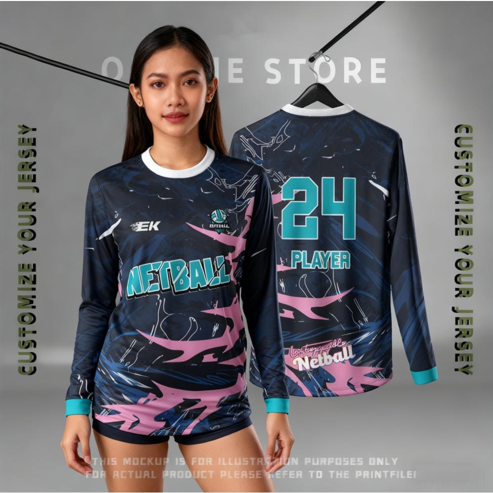 【FAST RESPONSE】NEW! Blue and pink color scheme NETBALL JERSEY Baju Long ...