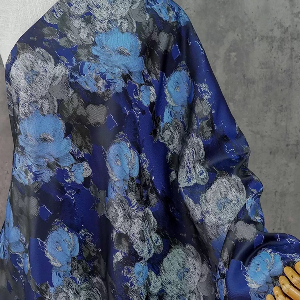 [1 Meter]Retro blue flowers Yarn-dyed jacquard fabric Floral Texture ...