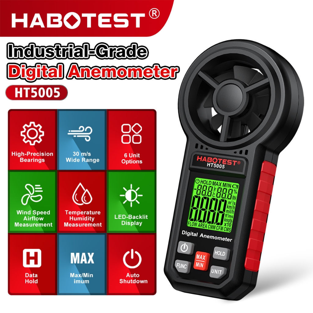 HABOTEST HT5005 Digital Anemometer 0.7 to 30m/s Wind Velocity Flow ...