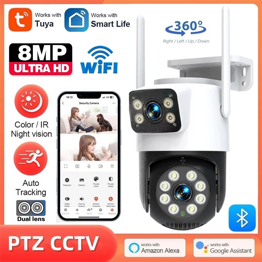 Tuya 8MP PTZ Wifi Security Camera Dual Lens with Dual Screen Ai Auto ...