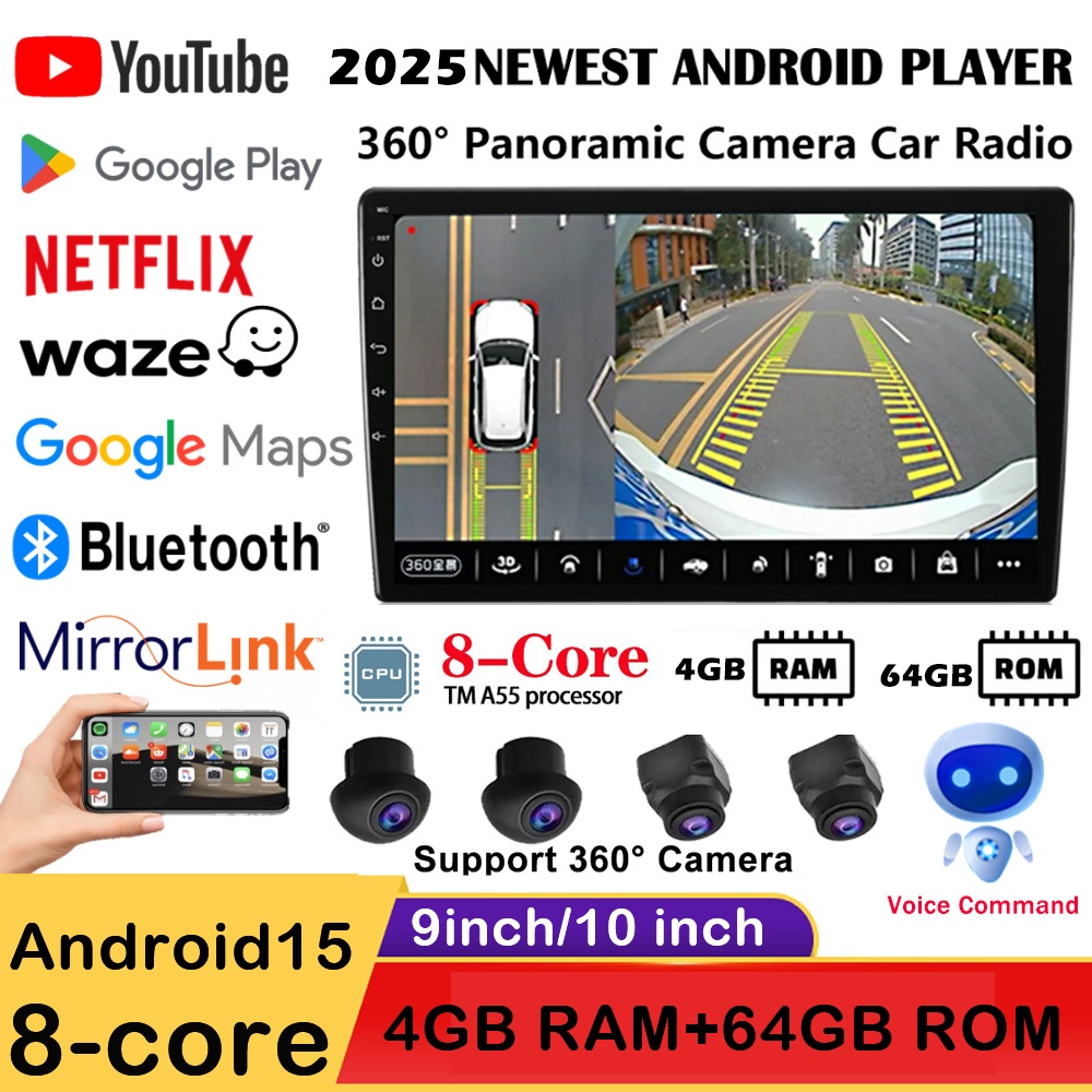 (8 core 4G+64G 2.6GHz) T5 Universal 9"/10 inch Car Android Player 360 ...