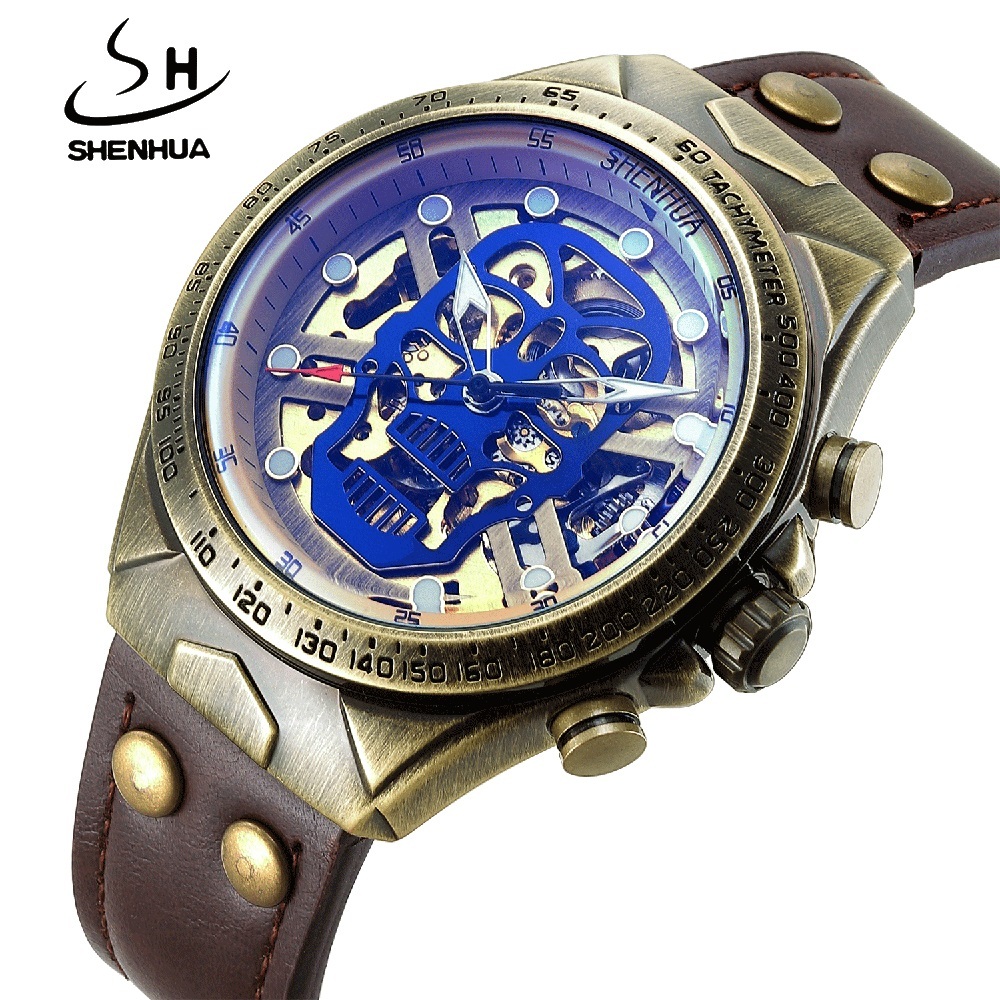 SHENHUA New Men Watch Skeleton Automatic Mechanical Bronze Male Skull ...
