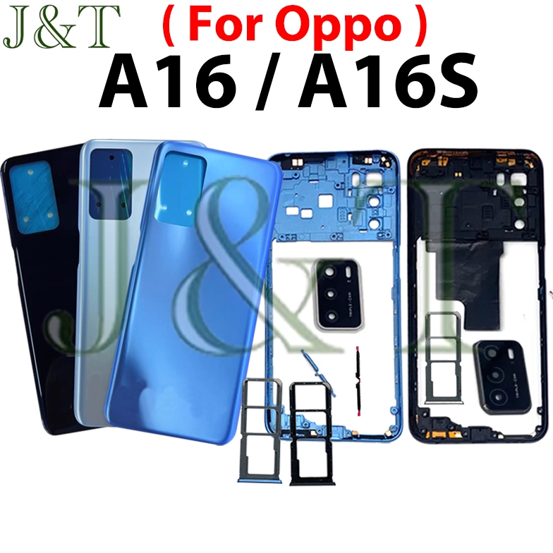 For Oppo A16 Battery Glass Back Cover Housing +Middle Frame Side Button ...