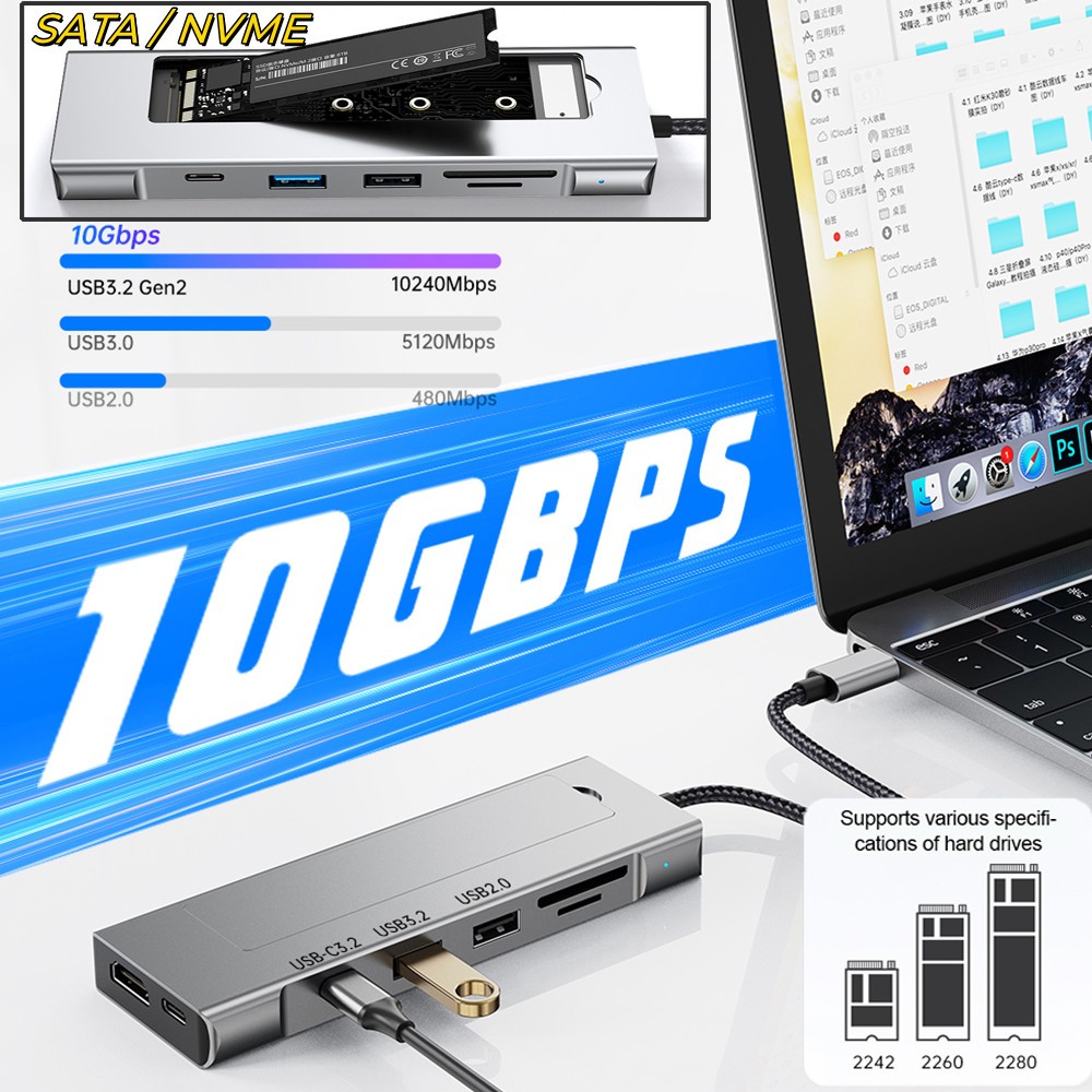 8 in 1 Type C Hub with M2 NVME SATA SSD Enclosure Dual Protocol Support ...