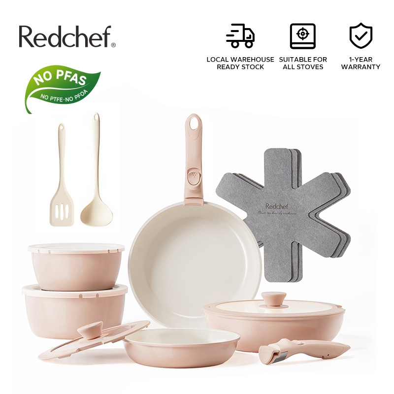Redchef Nonstick Ceramic Rock Cookware Set Handle Removable (16Pcs) Non ...