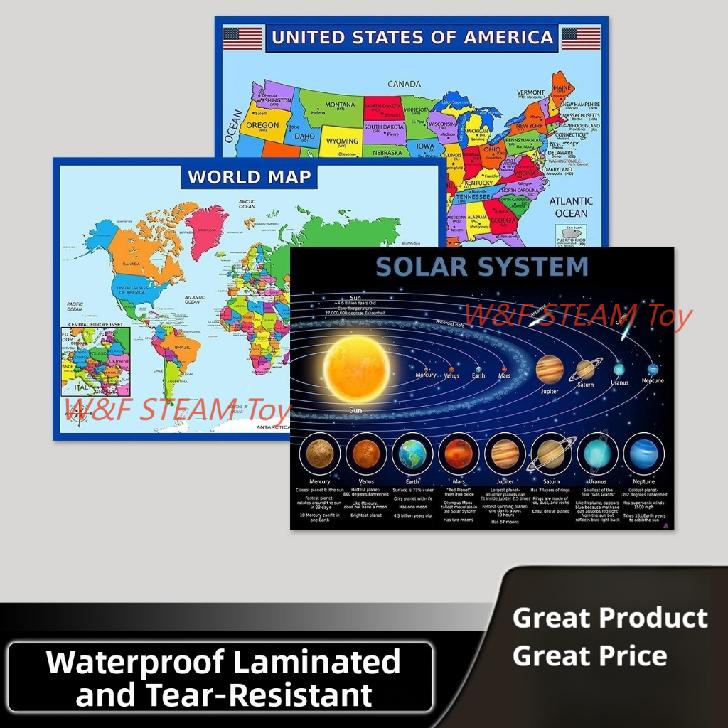 🌍 W&F Solar System & World Map Poster | Double-Sided Kalis Air Untuk ...