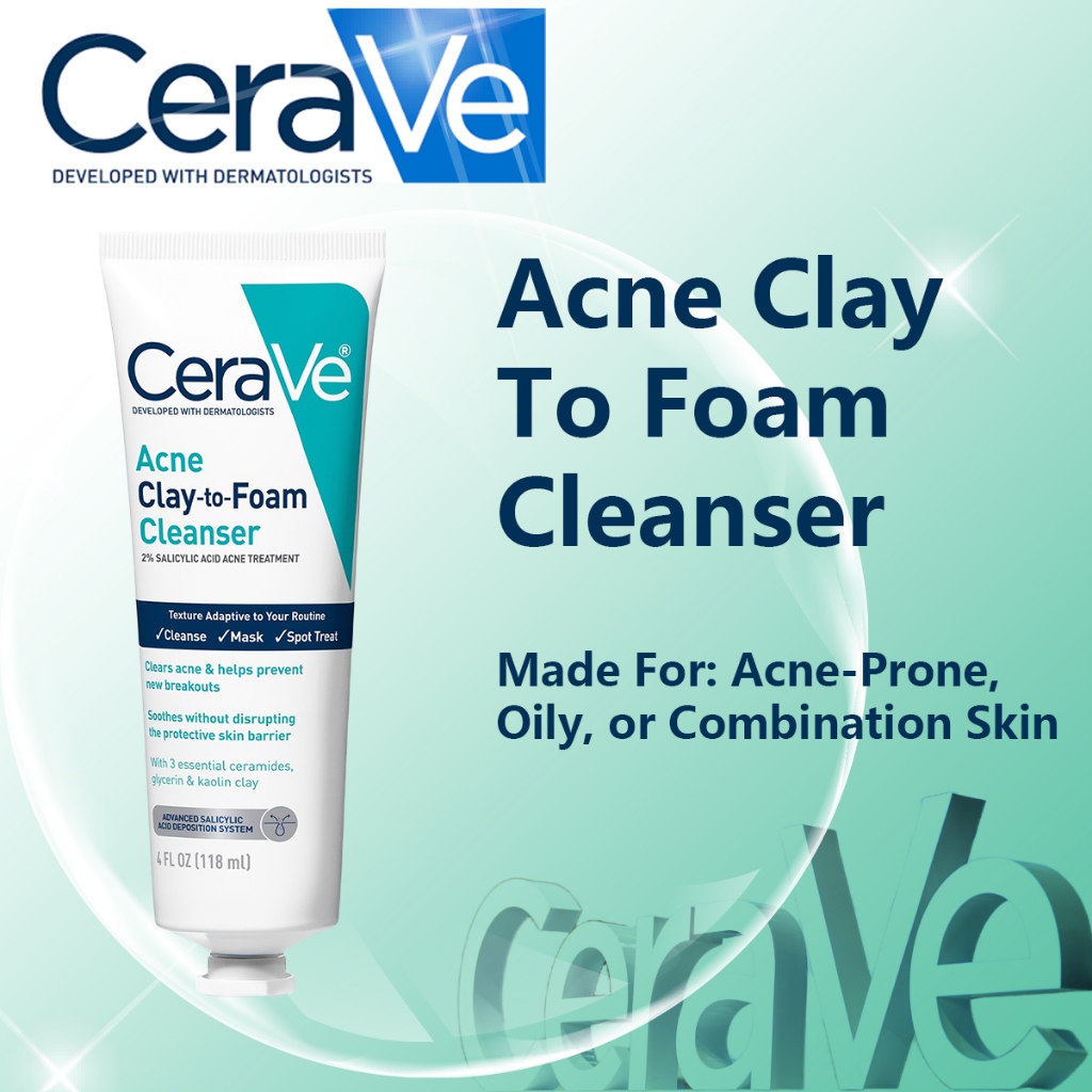 CeraVe Acne Clay To Foam Cleanser 118ml For Acne-Prone, Oily, or ...