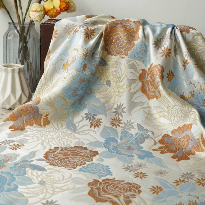 [1 Meter]Gold-threaded flower-dyed jacquard fabric Floral Texture Kain ...
