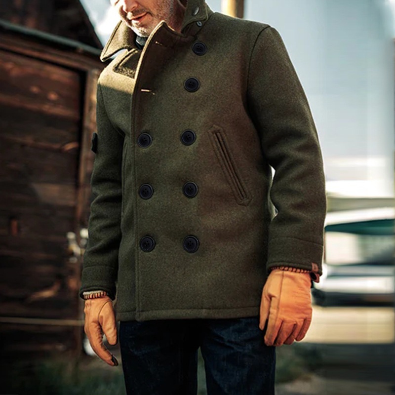 Men Solid Straight Pocket Double Breasted Jacket Autumn Winter Woolen ...