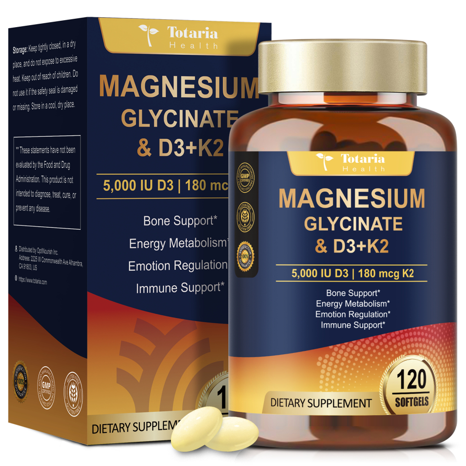 Totaria Magnesium Glycinate Supplements with Vitamin D3 5000 IU & K2 MK ...