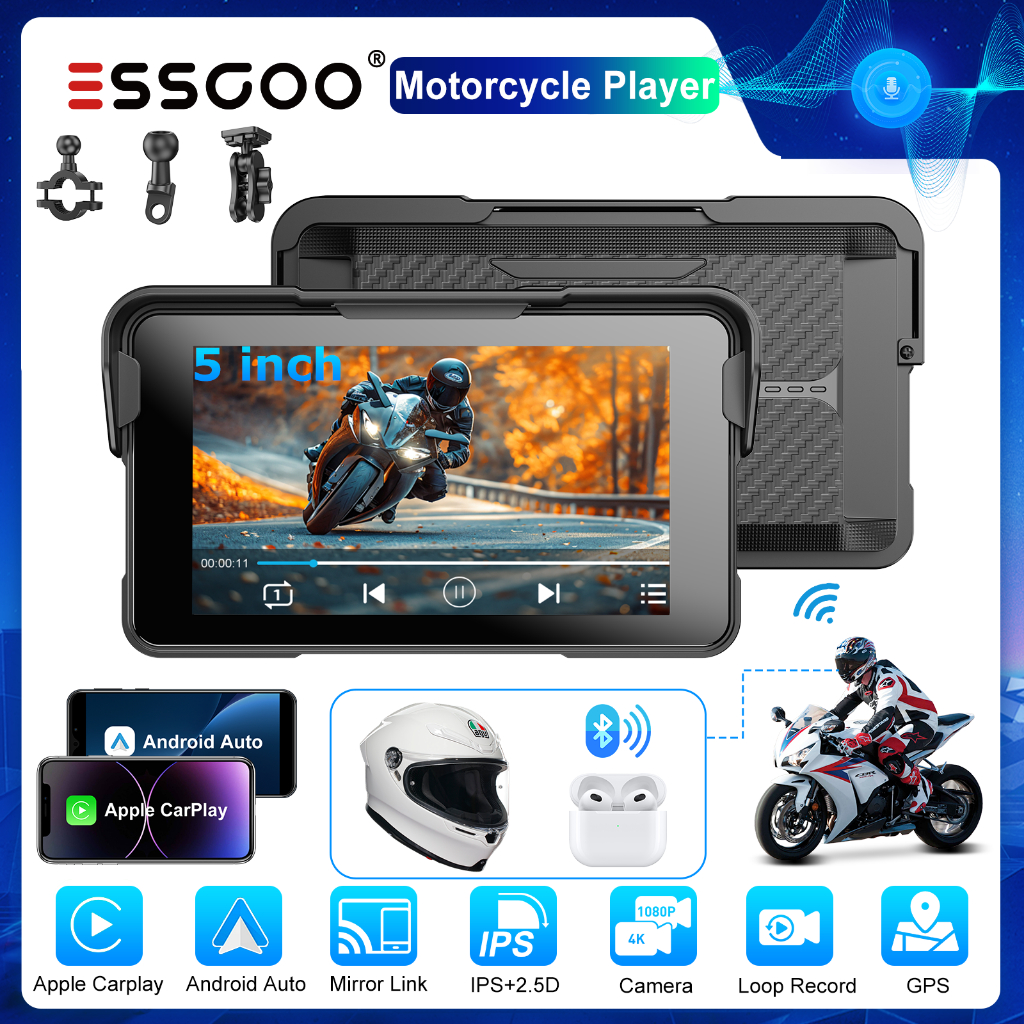 ESSGOO 5 INCH Motorcycle Portable Player Wireless Carplay & Android ...