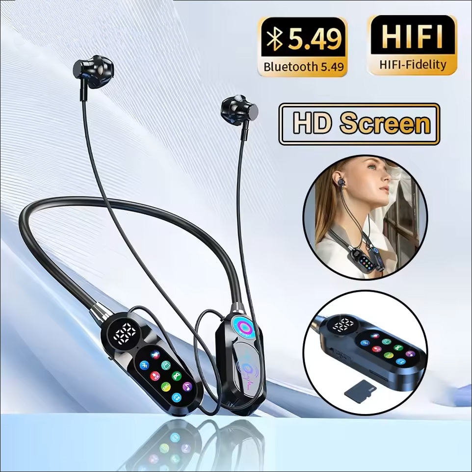HD Screen Earphones Bluetooth 5.4 Headphones Neckband Headsets TWS ...