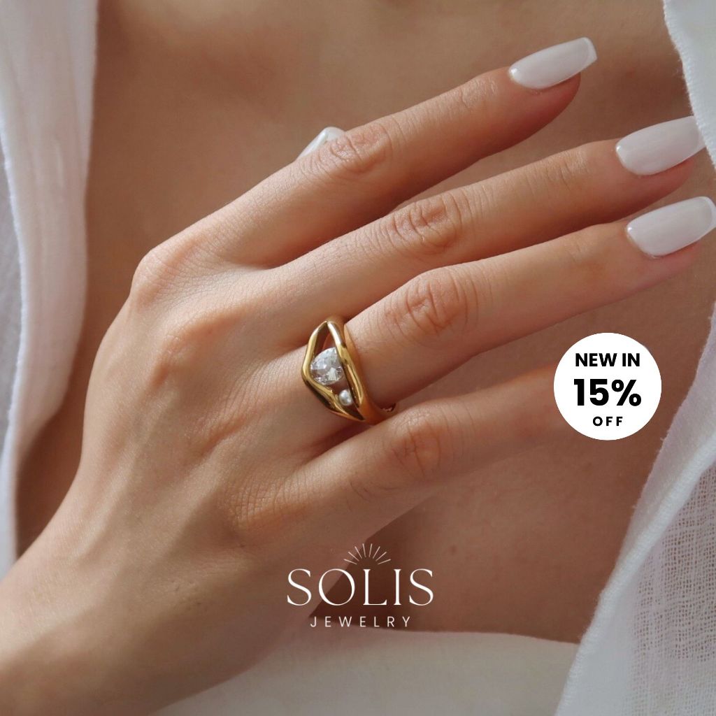 Hollow Pearl with Zircon Statement Golden Ring • Waterproof Non-Fade ...