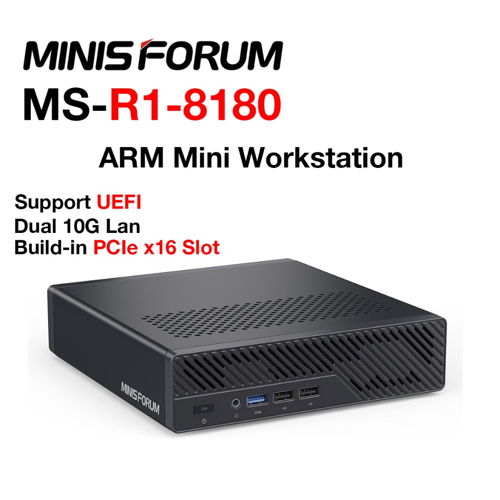 MINISFORUM MS-R1 ARM Mini PC UEFI Boot CIX CP8180 LPDDR5 PCIe x16 Slot Dual 10GbE LAN HDMI/2xUSB ...