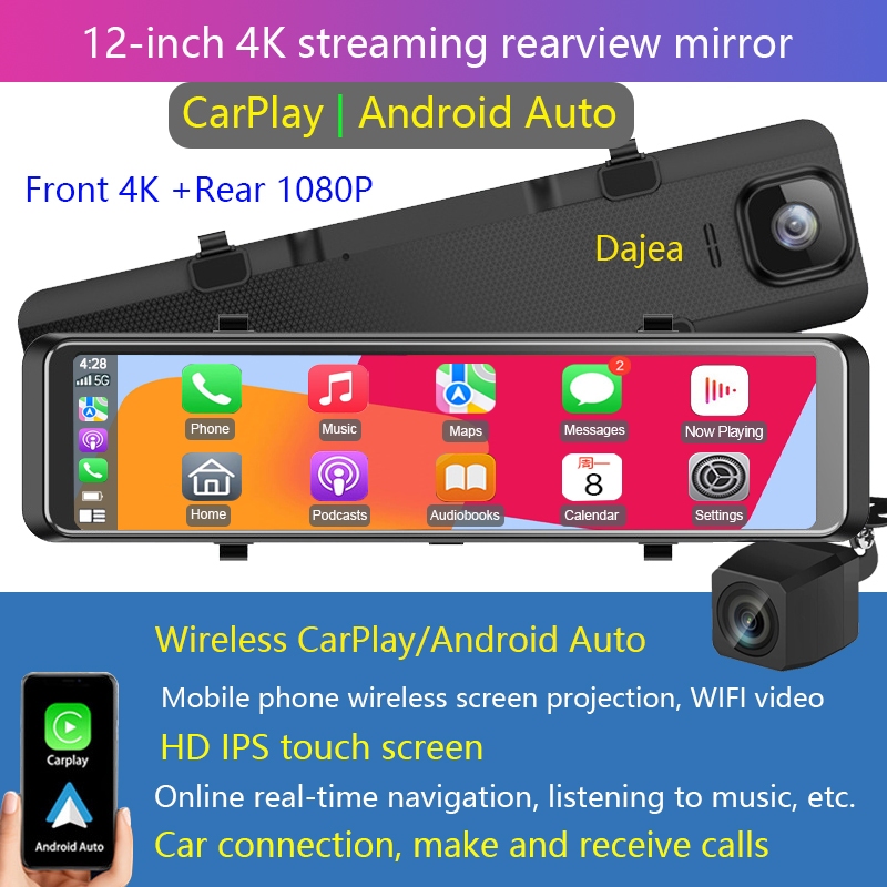 Dajea 12-inch 4K streaming rearview mirror dashcam with CarPlay/Android ...