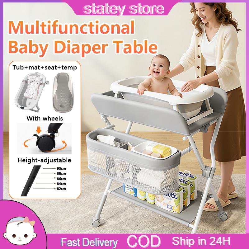 Baby Diapers Table With Bath Tub Height-adjustable 360° Wheels Foldable ...