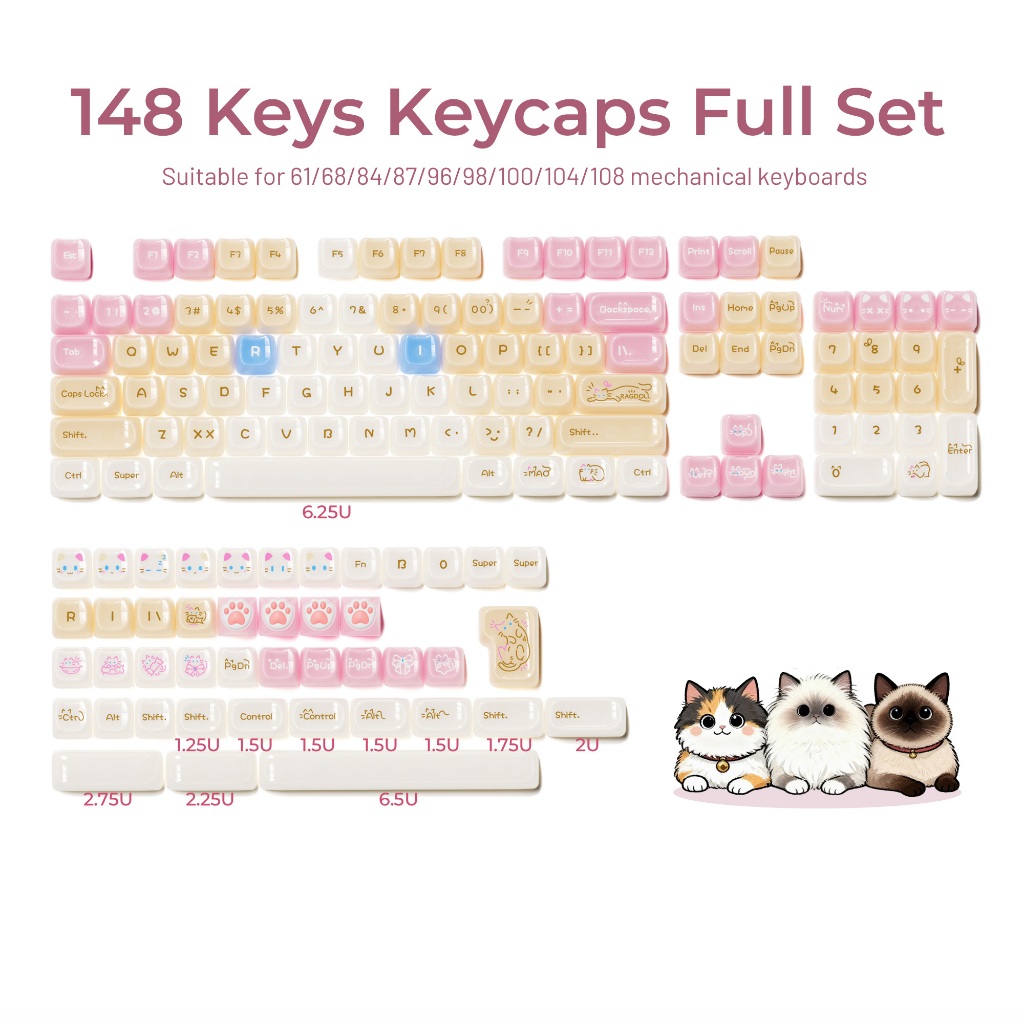 XVX MOA Glossy Cute Cat Theme Keycaps - Ragdoll/Calico/Siamese/Pink ...