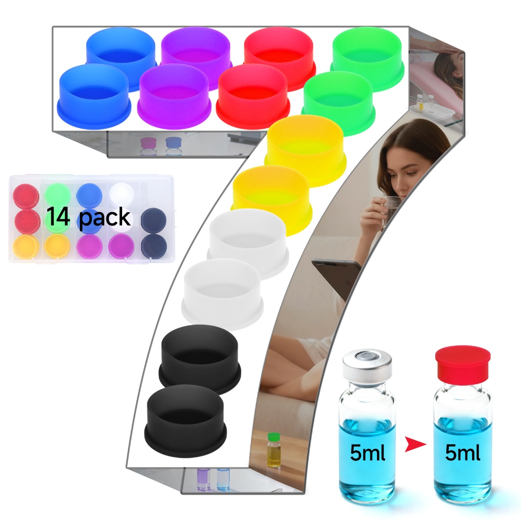 14 Pack 5-100ml Glass Vials Protective Vial Caps (7 Colors) Reusable ...