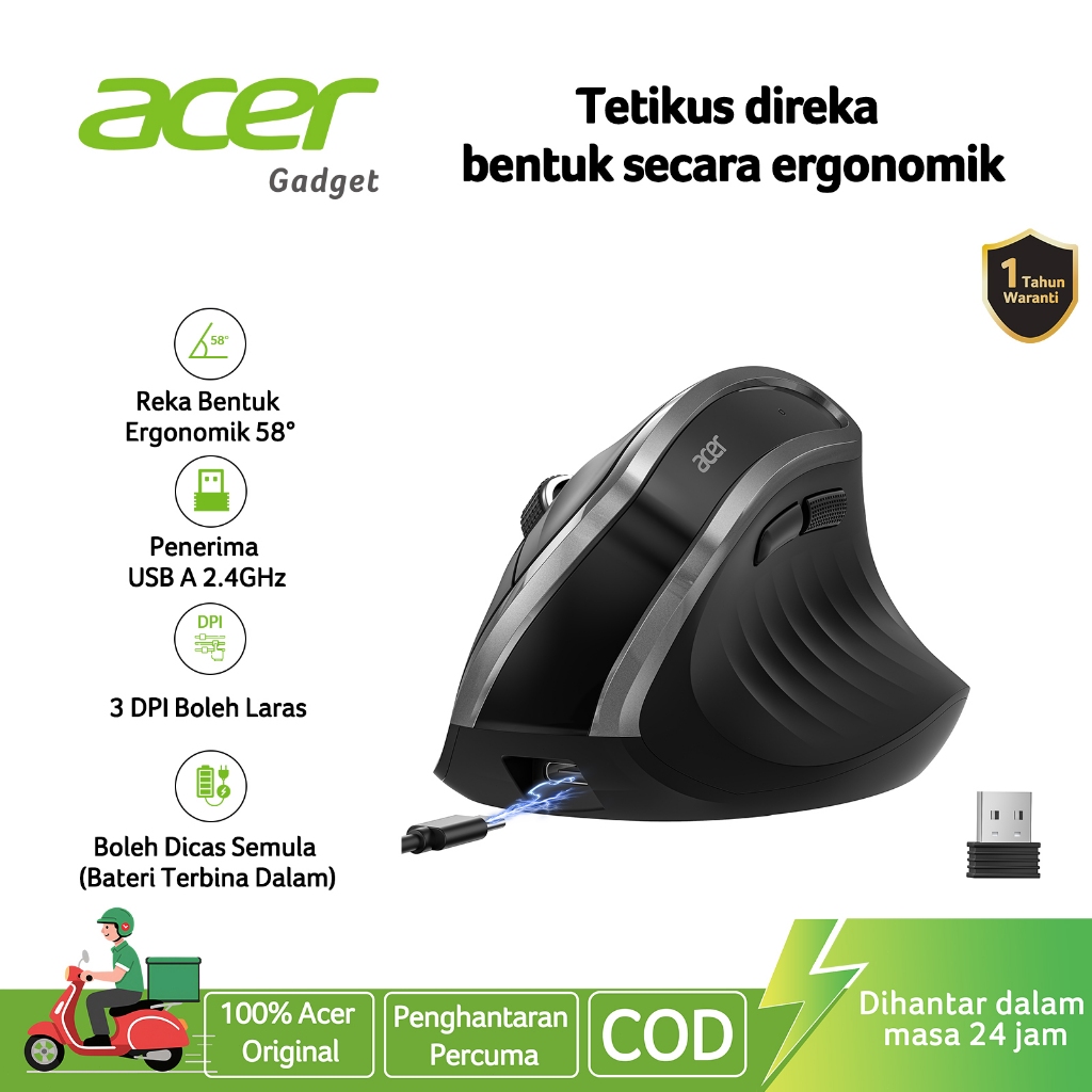 Acer Ergonomic Mouse Wireless, Vertical Computer Mouse for Office, Ergo ...