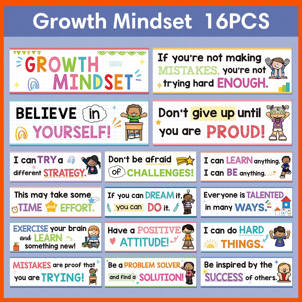 16 Pcs Growth Mindset Posters Set Kids Classroom Wall Decor Positive ...