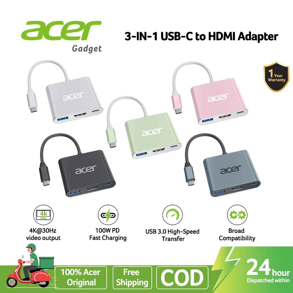 Acer USB C Hub 3-in-1 4K HDMI Multiport Adapter 5Gbps USB 3.0 Data Port ...