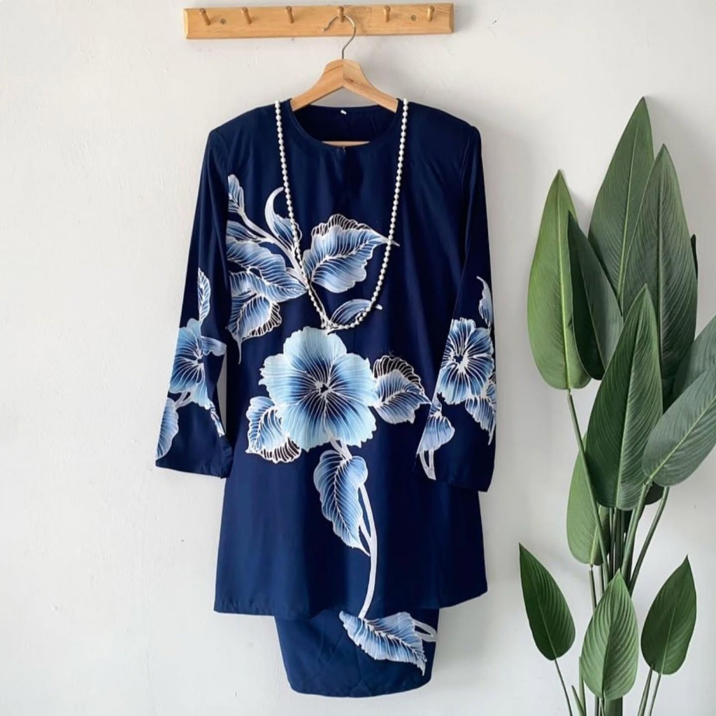 Navy Blue BATIK Baju Kurung blouse muslimah ironless murah baju raya ...