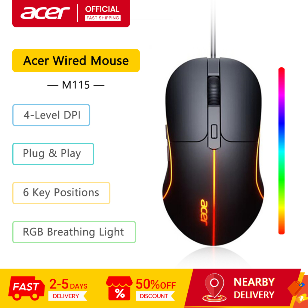 Acer Wired Mouse M115 3200DPI Colorful Lighting Effect Mute Design E ...