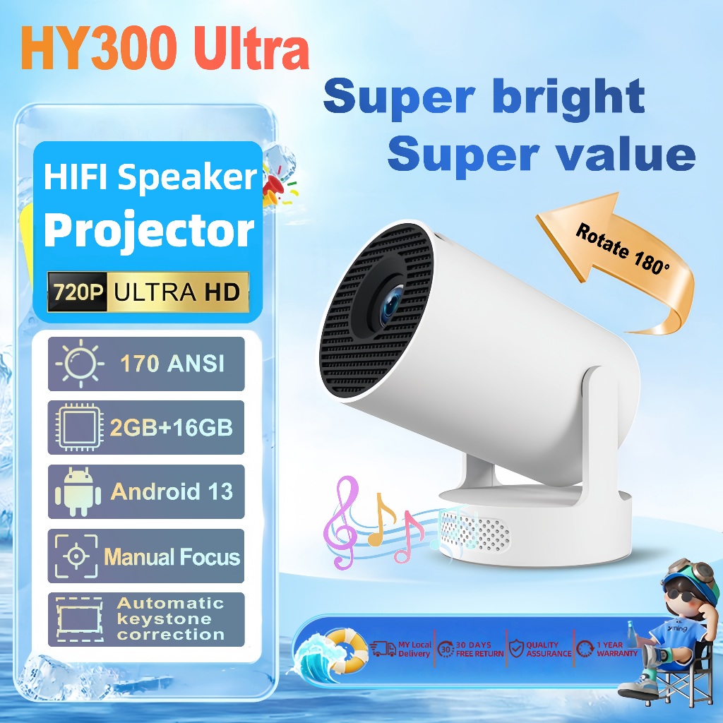 HY300 Ultra Bright 4K Projector HIFI Speaker Android 13 Electric Focus ...