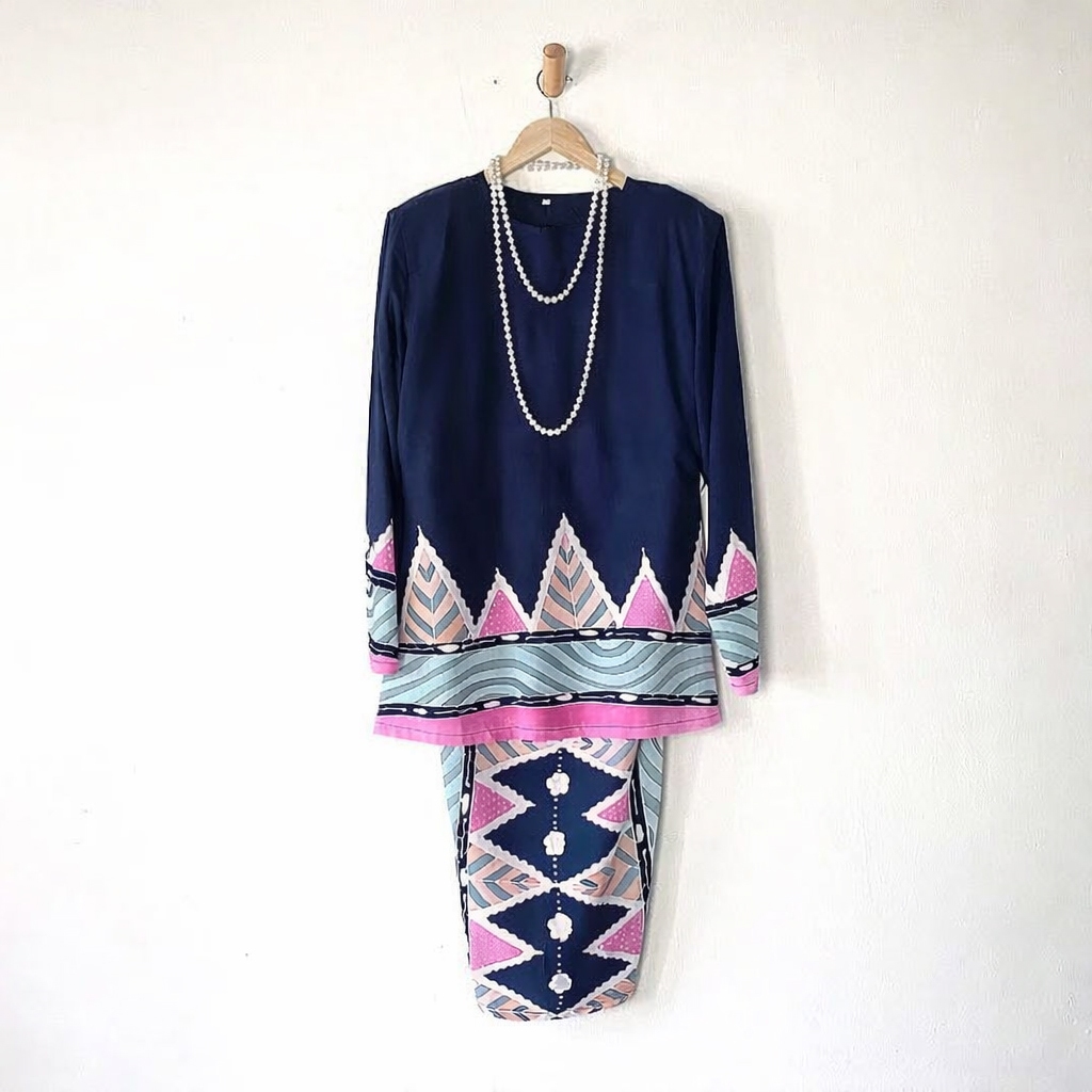 Navy Blue baju kurung raya style 2026 ironless moden dewasa sale Floral ...