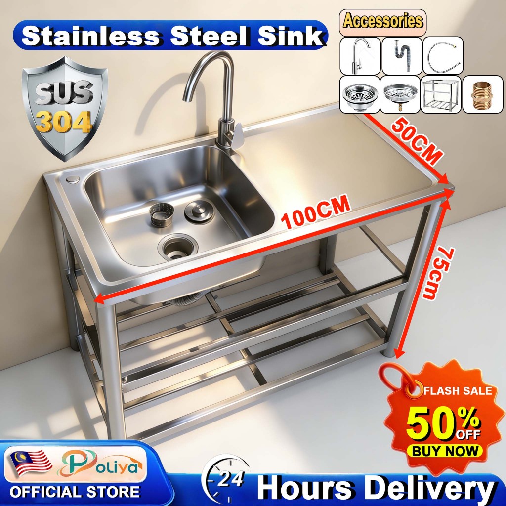 【Never rust】Sinki dapur 100*45*75cm 304 stainless steel kitchen sink ...