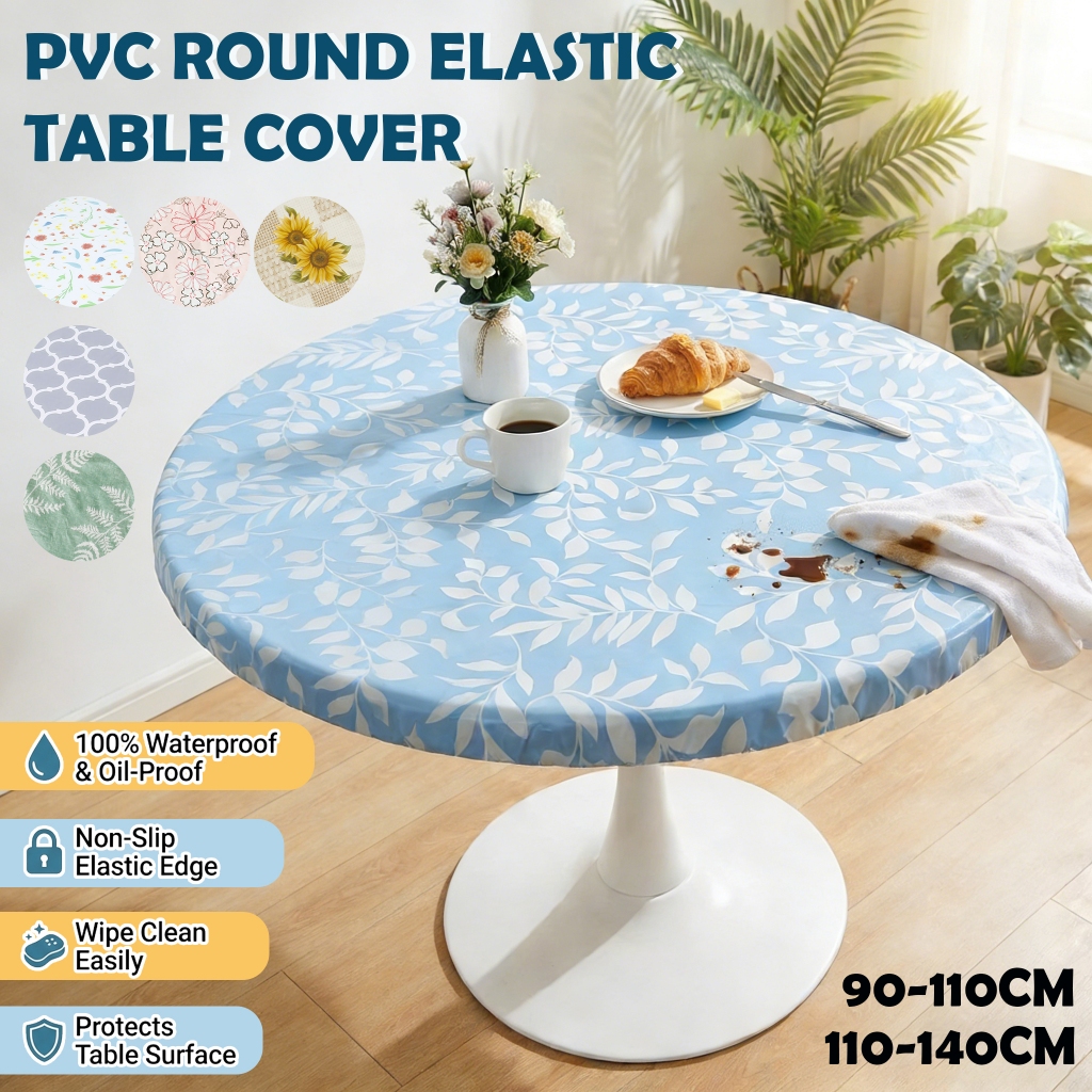 Elastic Edged Vinyl Fitted Tablecloth Round Flannel Backed Table Cover ...