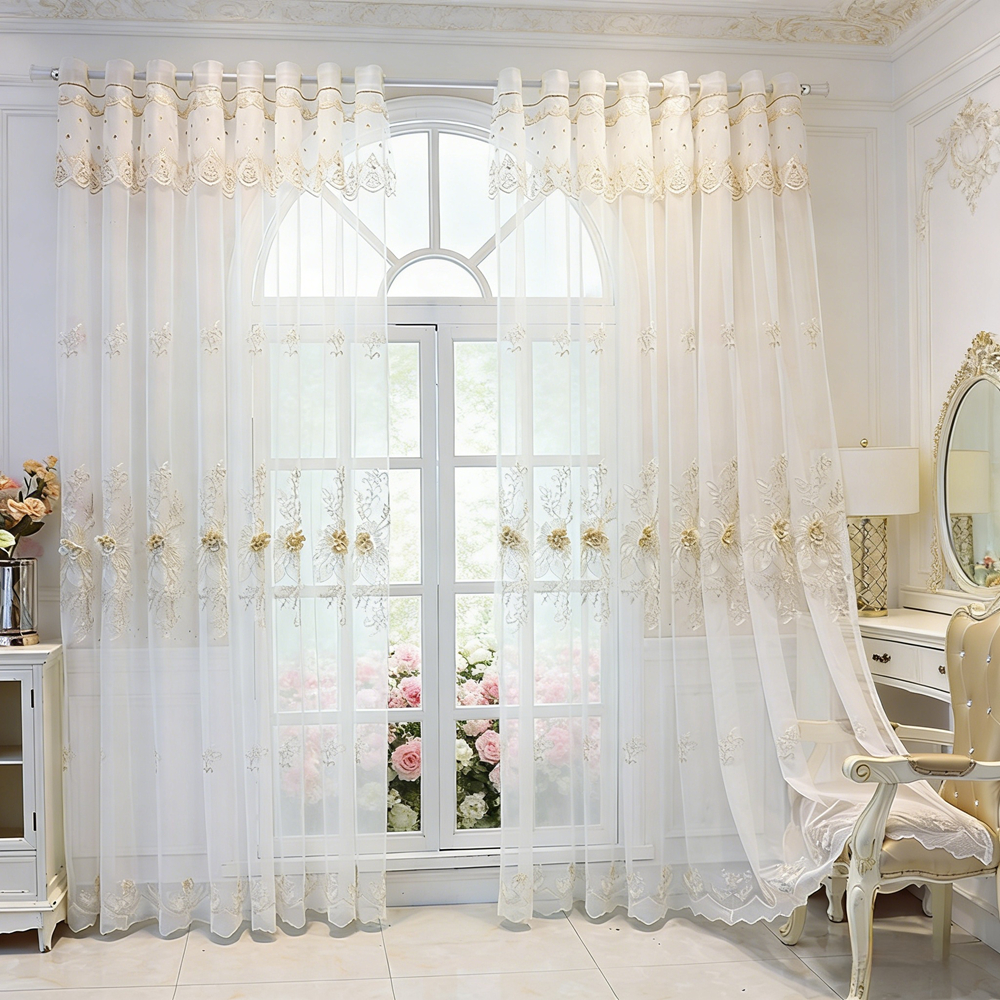 Villa Luxury 3D Flower Embroidery Sheer Curtains with Pearls for ...