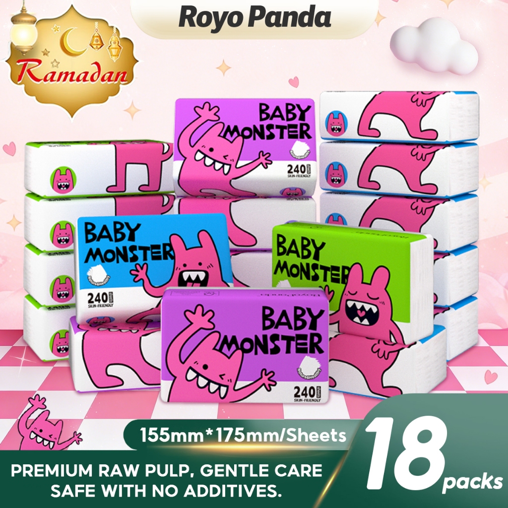 【18Packs】RoyoPanda Baby Monster Deluxe Comfort Thick Tissue Paper 5-Ply ...