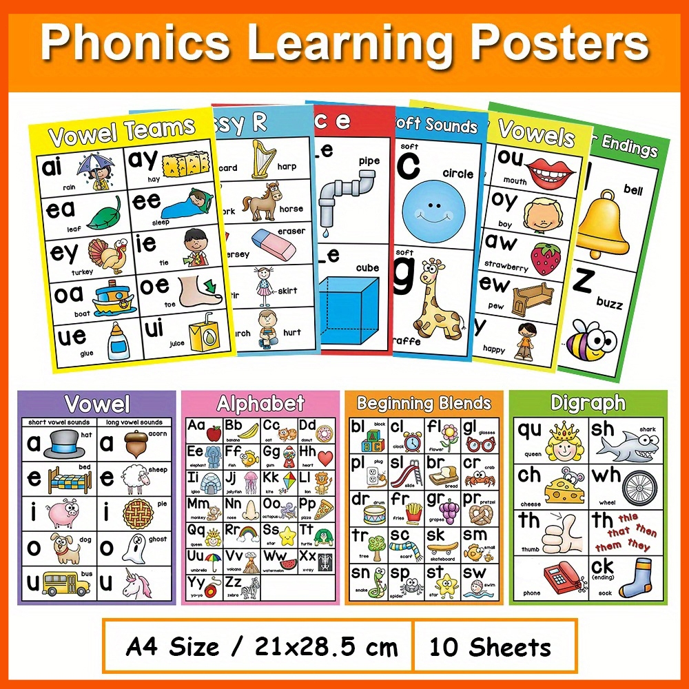 10 Sheets Phonics Learning Posters Set, A4 Size Alphabet Vowel Sounds ...