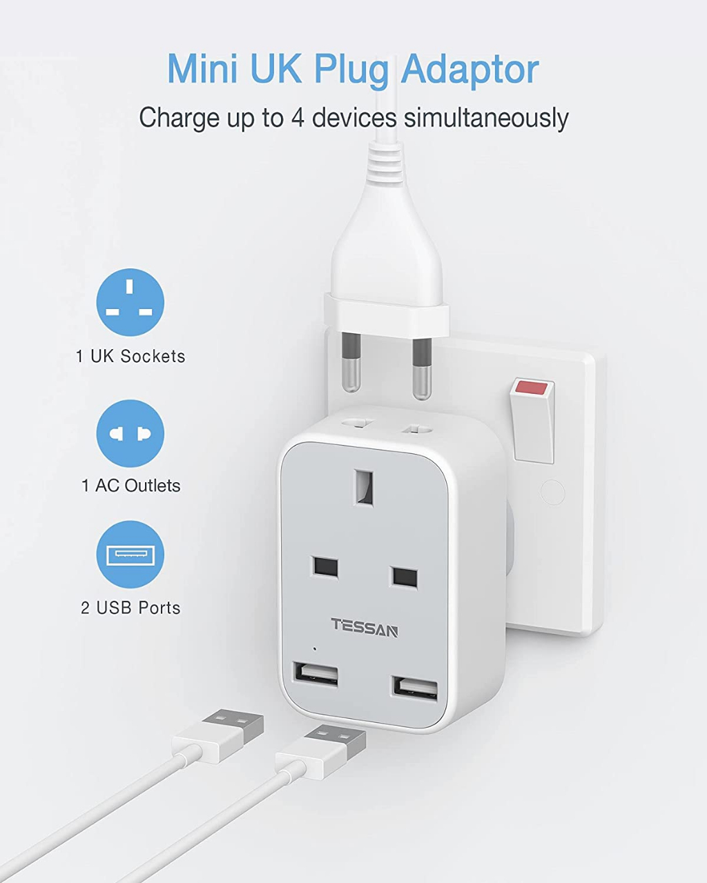 TESSAN Extension Plug Adapter with USB+Type C, Multi Plug Adaptor,Surge ...