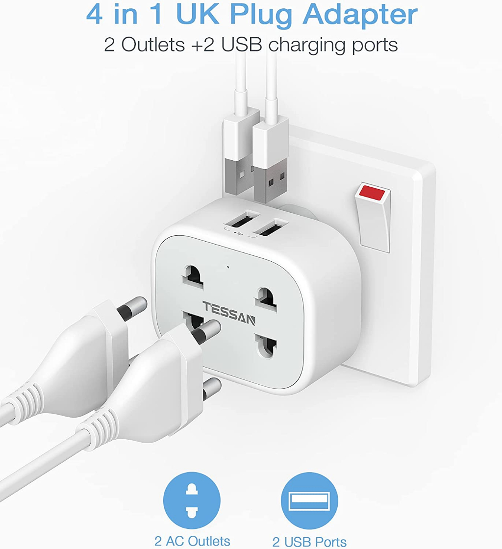TESSAN Extension Plug Adapter with USB+Type C, Multi Plug Adaptor,Surge ...