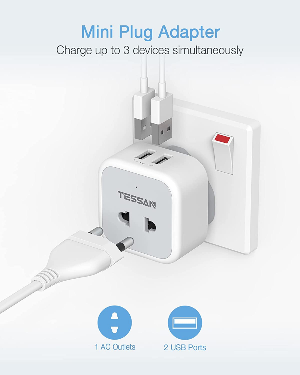 TESSAN Extension Plug Adapter with USB+Type C, Multi Plug Adaptor,Surge ...