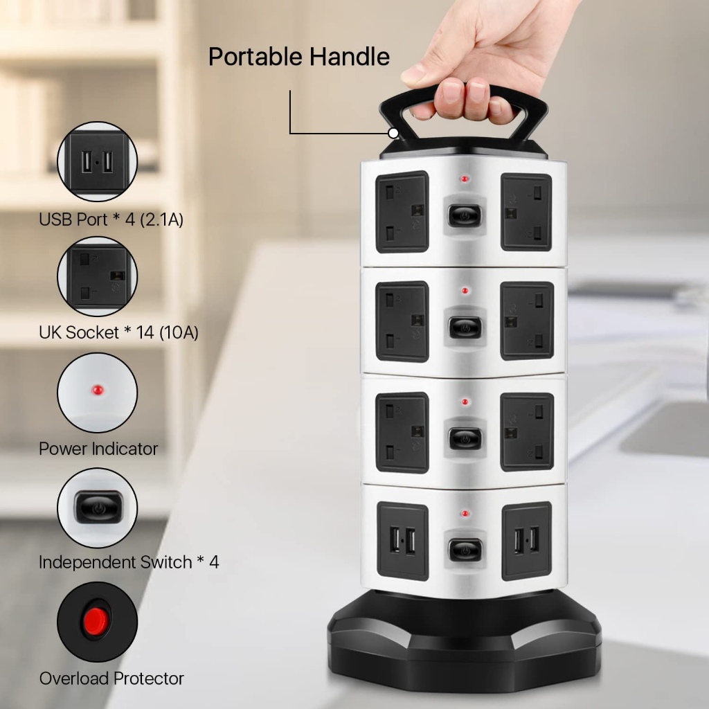 TESSAN Extension Plug with USB,Tower Socket Surge Protector 6/10/14 ...