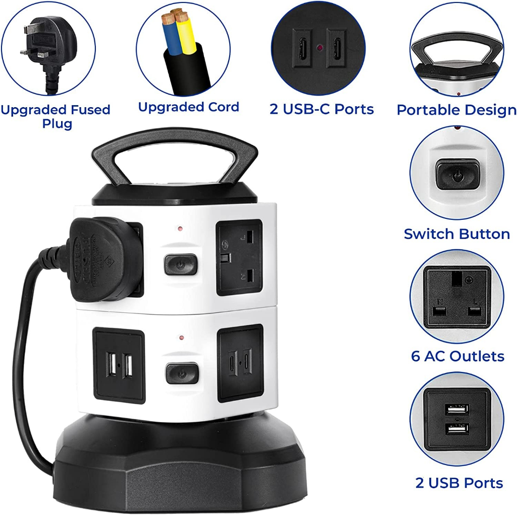 TESSAN Extension Plug with USB,Tower Socket Surge Protector 6/10/14 ...