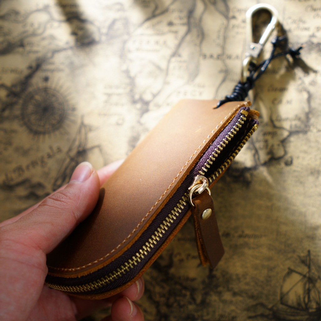 Genodern Genuine Leather Zipper Key Storage Bag Vintage Cowhide Car Key