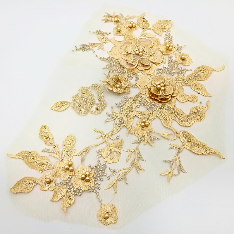 3D Flower Beaded Lace Fabric Applique Sewing Patches Lace Trim ...