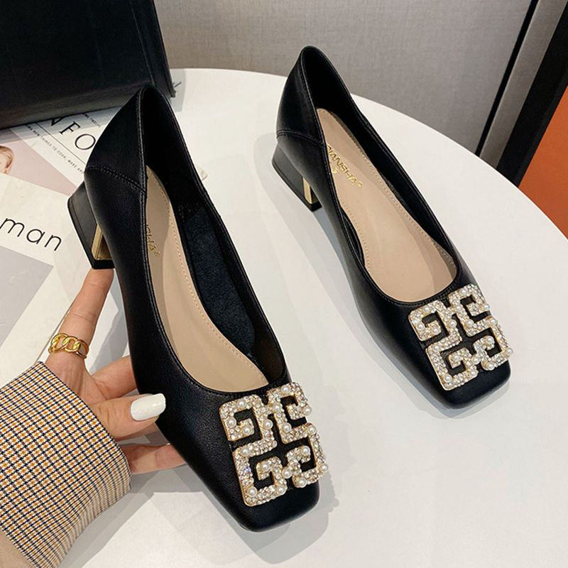 Square Toe Heels for Women 3 CM Thick Heel Rhinestone High Heels Women ...