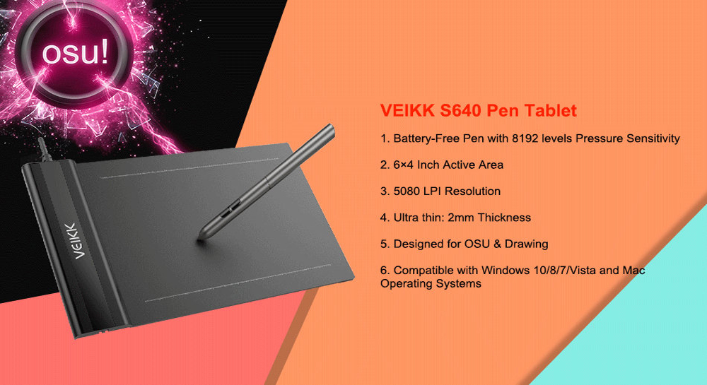 VEIKK S640 Drawing Tablet 6x4 Inch Pen Tablet with Battery-Free Stylus Support Mac/ Windows ...