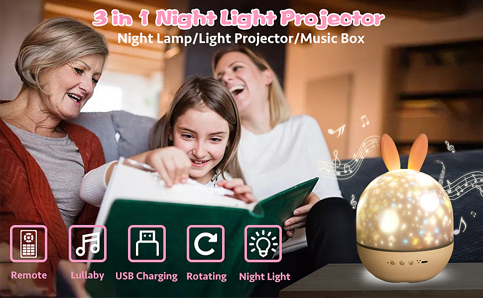 Rabbit Night Light Rotating Starry Night Light Projector Lamp with ...