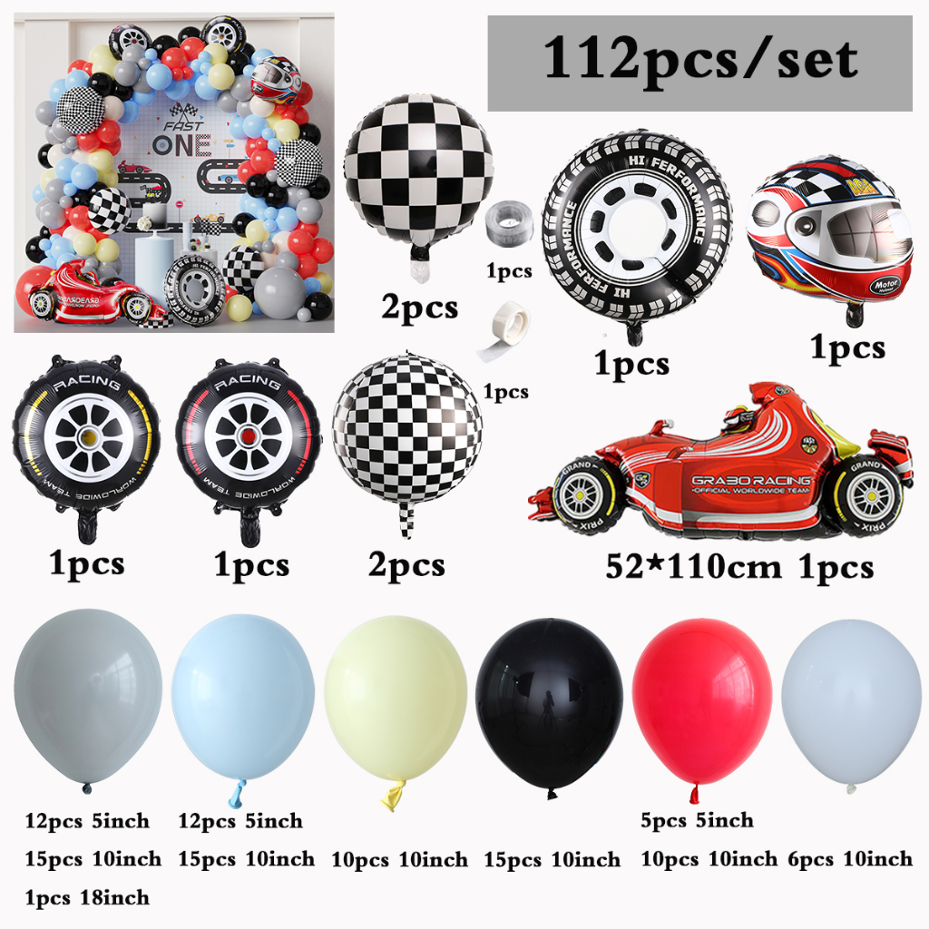 112pcs Racing Balloon Helmet, Checkered Wheel Balloon Combination ...