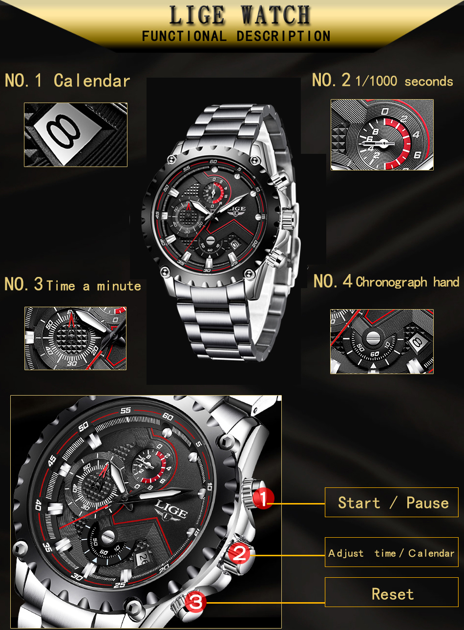 Jam Tangan Lelaki Original LIGE Watch Men Sports Watches Stainless ...