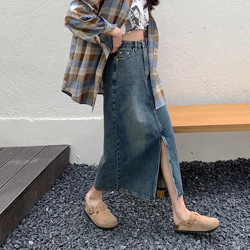 62638 Vintage High Waist Slit Straight A-Line Denim Skirt Long | Shopee ...
