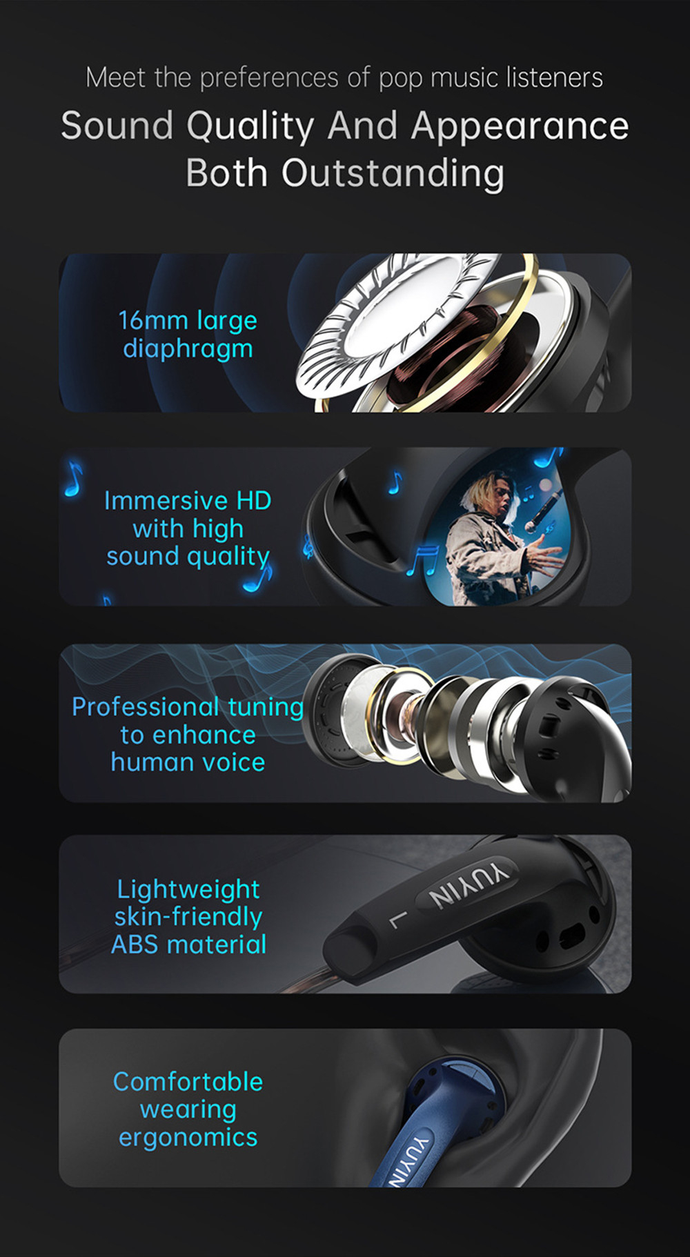 FONGE YUYIN Y100 In Ear Earphone HiFi EarBuds Flat Head earphone Bass ...